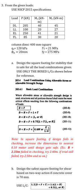 3. From the given loads: USE NSCP 2015 | Chegg.com