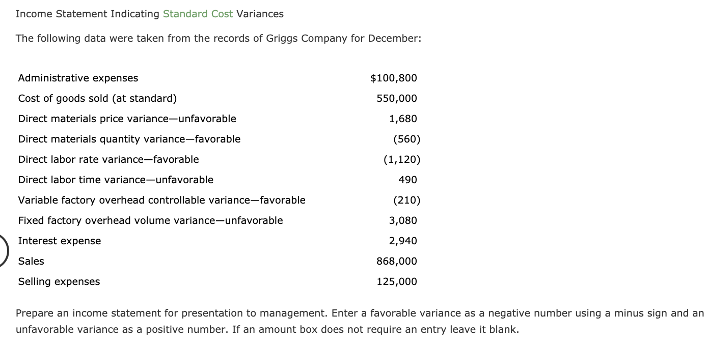 Solved Income Statement Indicating Standard Cost | Chegg.com