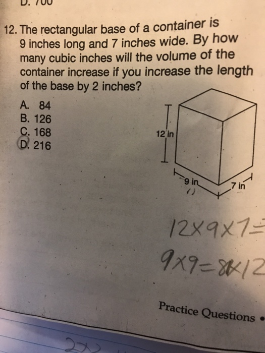 Solved The rectangular base of a container is 9 inches long | Chegg.com
