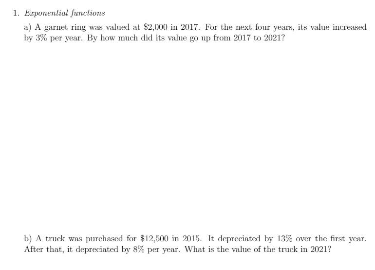 Solved 1. Exponential functions a) A garnet ring was valued | Chegg.com