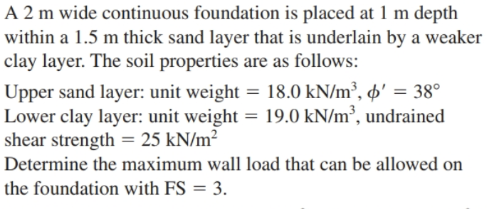 Solved A 2 m wide continuous foundation is placed at 1 m | Chegg.com