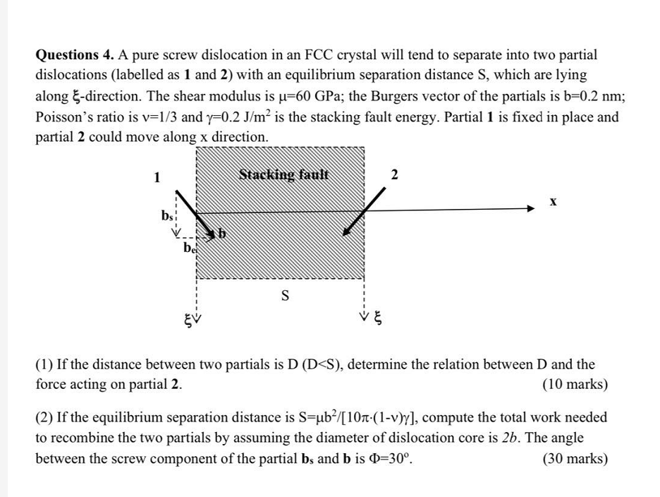 Questions 4. A pure screw dislocation in an FCC | Chegg.com