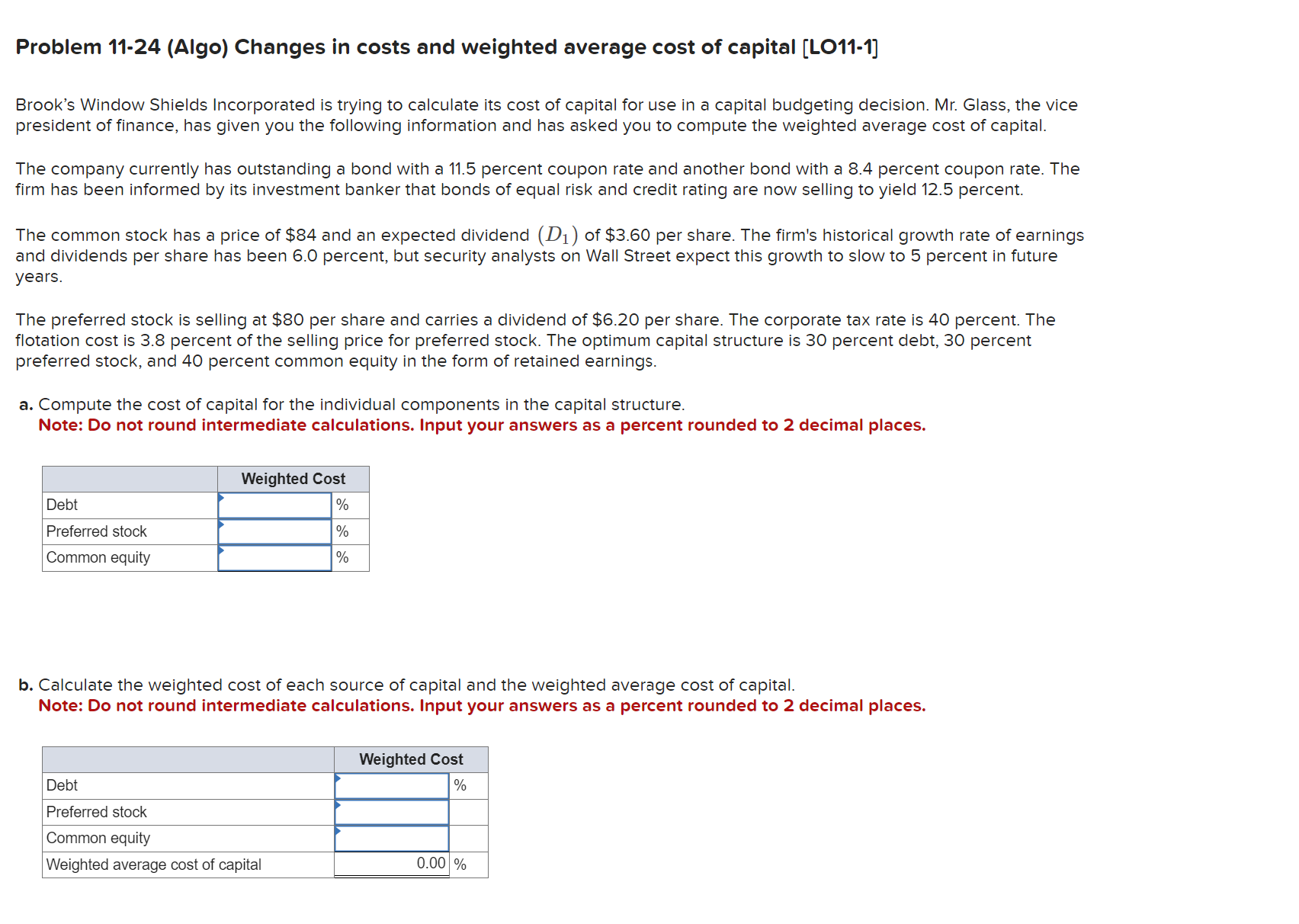 Solved Problem 11-24 (Algo) Changes in costs and weighted | Chegg.com