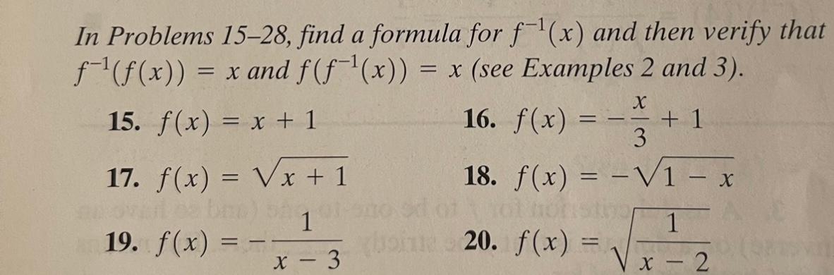 Solved х - In Problems 15-28, find a formula for f-l(x) and | Chegg.com
