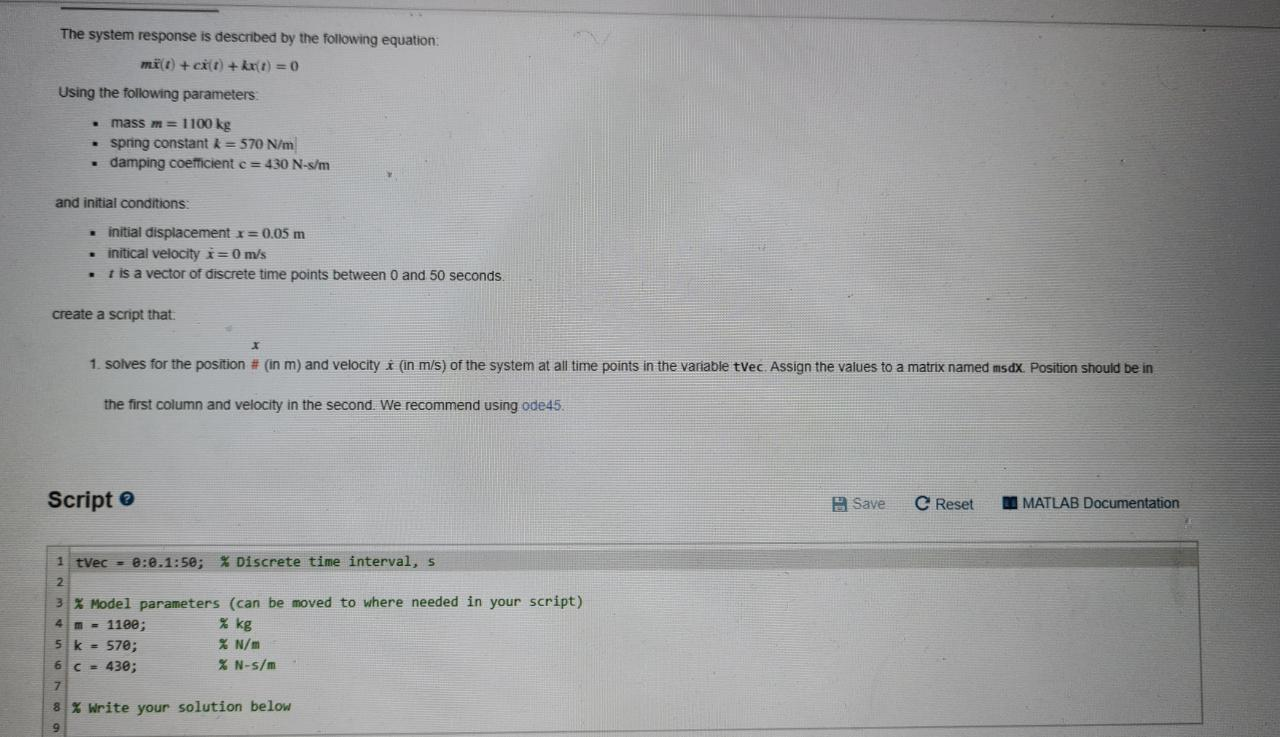 Solve a mass-spring damper system My Solutions This | Chegg.com