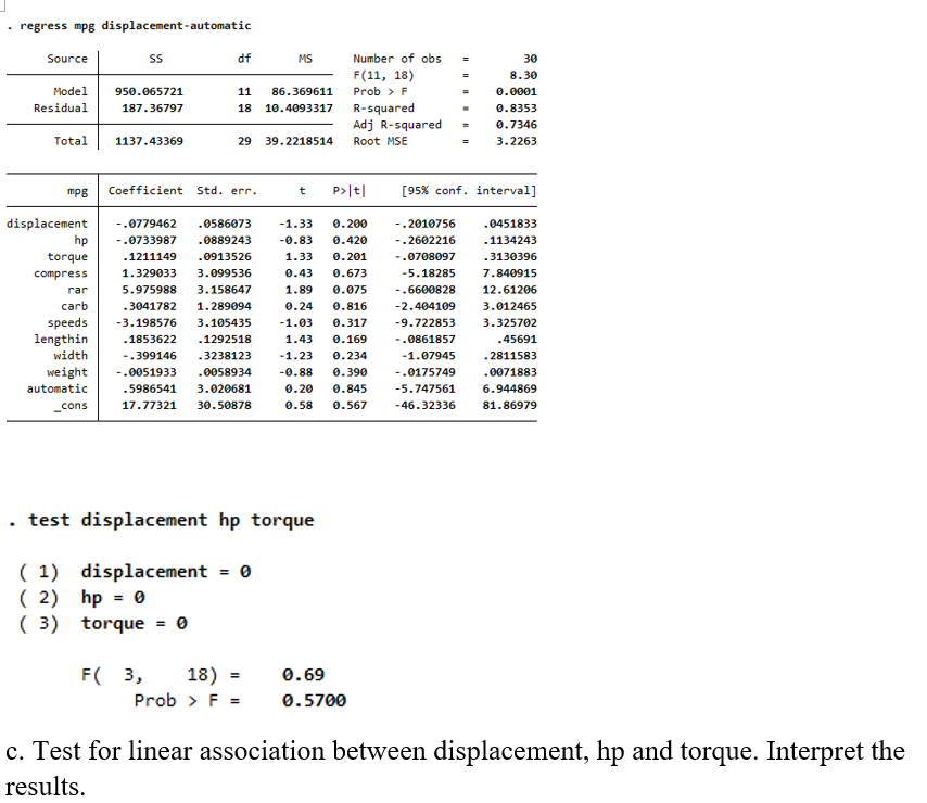 Solved . regress mpg displacement-automatic Source SS df MS | Chegg.com