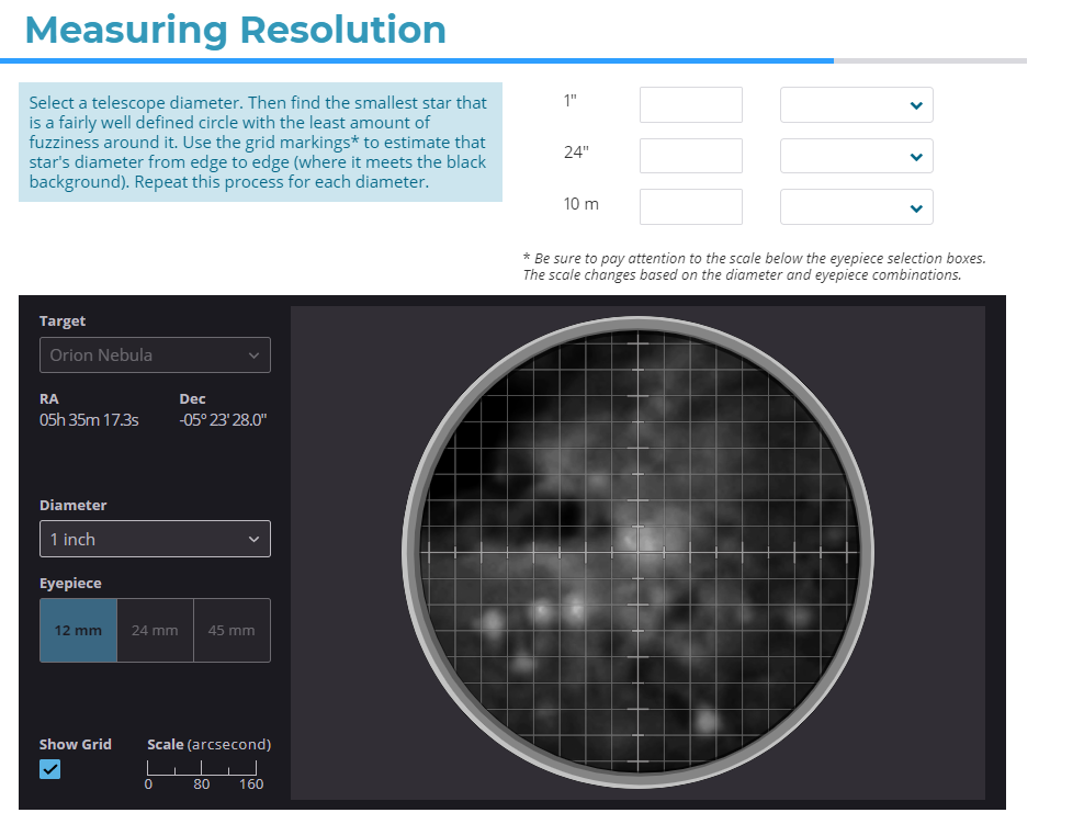 Measuring Resolution 1" Select a telescope diameter. | Chegg.com
