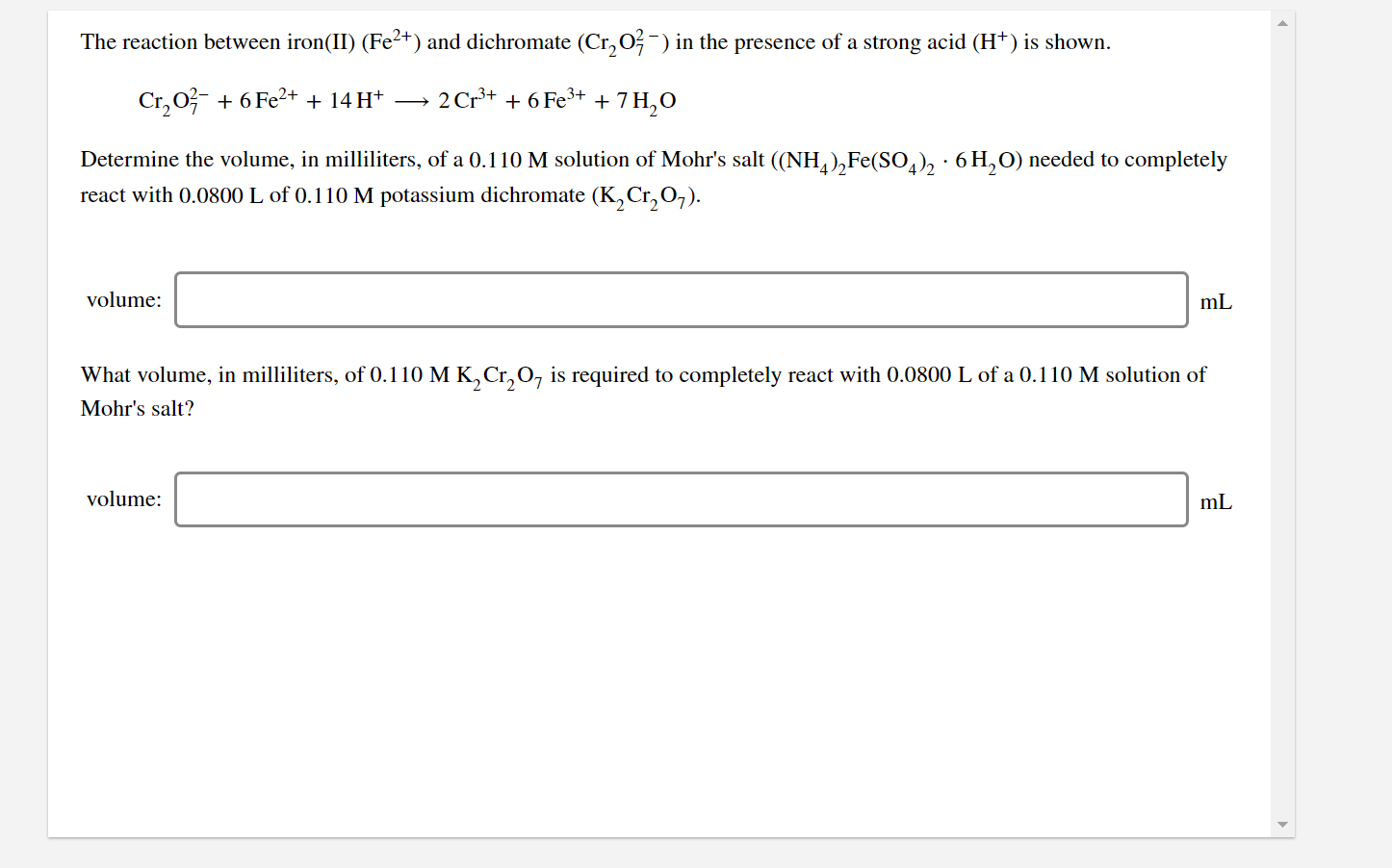 Solved The reaction between iron(II) (Fe2+) and dichromate | Chegg.com