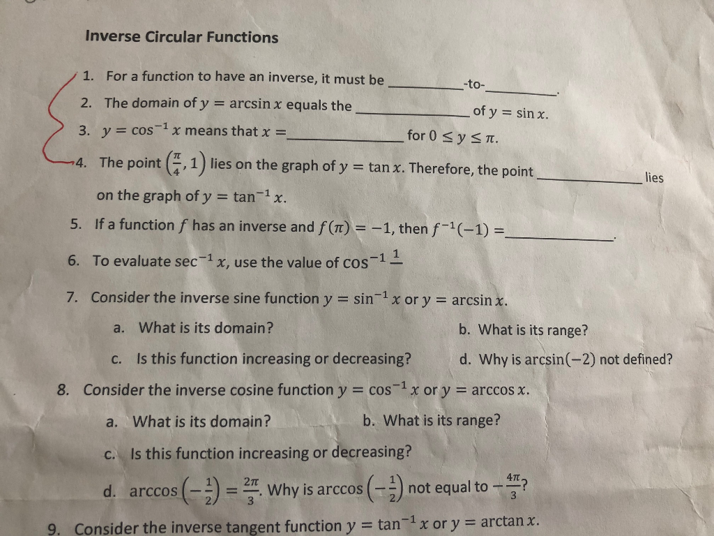 Solved Inverse Circular Functions 1. For a function to have | Chegg.com