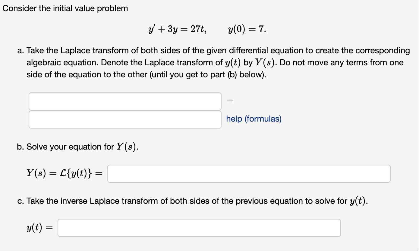 Solved Consider the initial value problem y′+3y=27t,y(0)=7 | Chegg.com