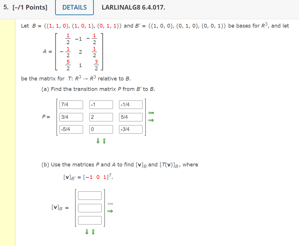 Solved 5. [-/1 Points] DETAILS LARLINALG8 6.4.017. Let B = | Chegg.com