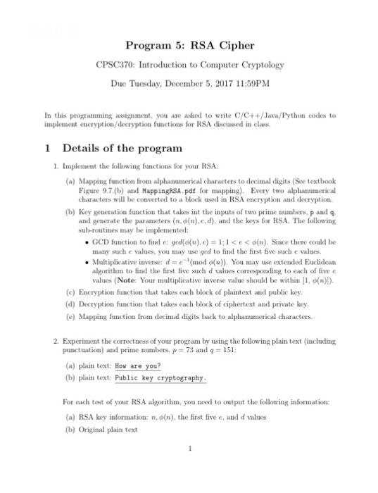 Solved Program 5: RSA Cipher CPSC370: Introduction to | Chegg.com