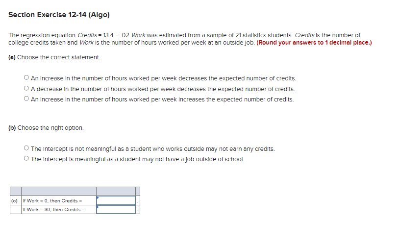 Solved Section Exercise 12-14 (Algo) The regression equation | Chegg.com