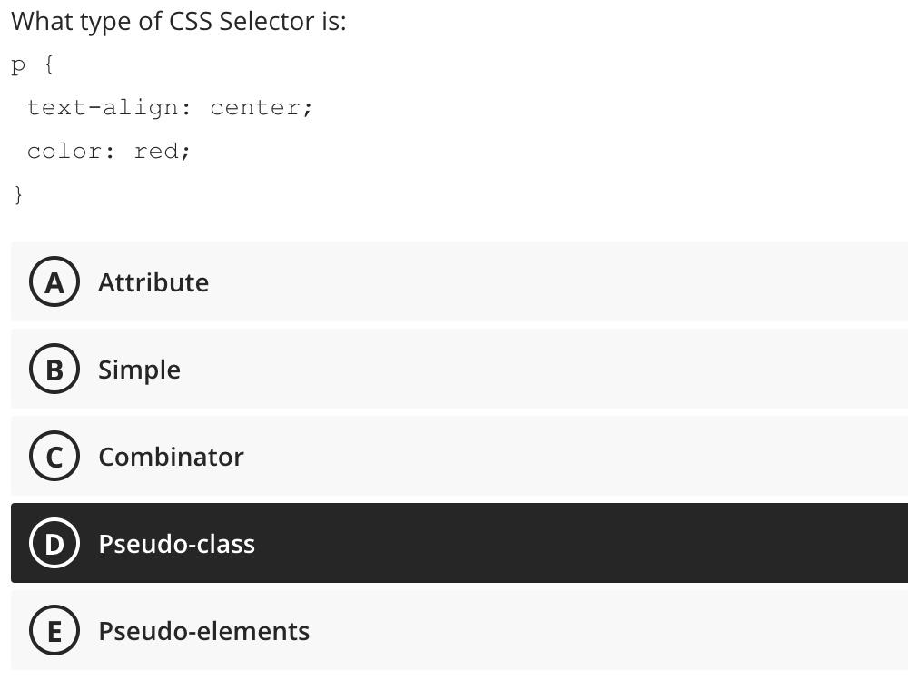 Solved What type of CSS Selector is: p { text-align: center; | Chegg.com