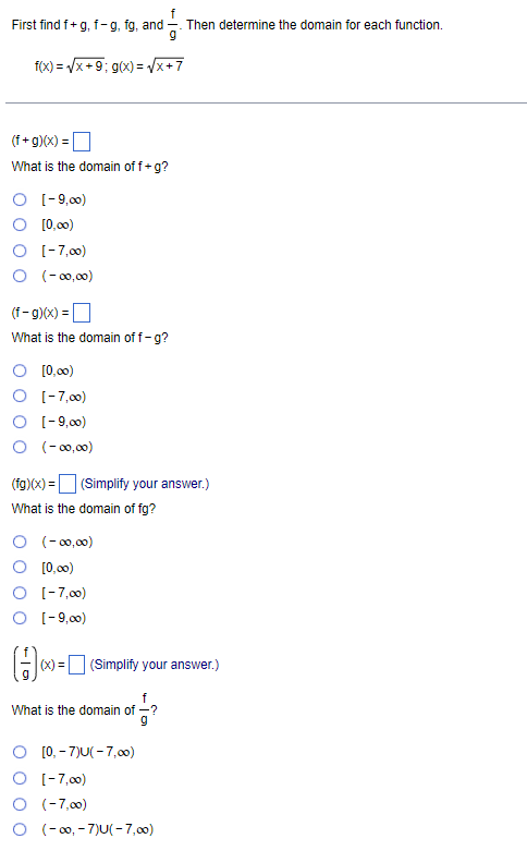 Solved First find f+g,f−g,fg, and gf. Then determine the | Chegg.com