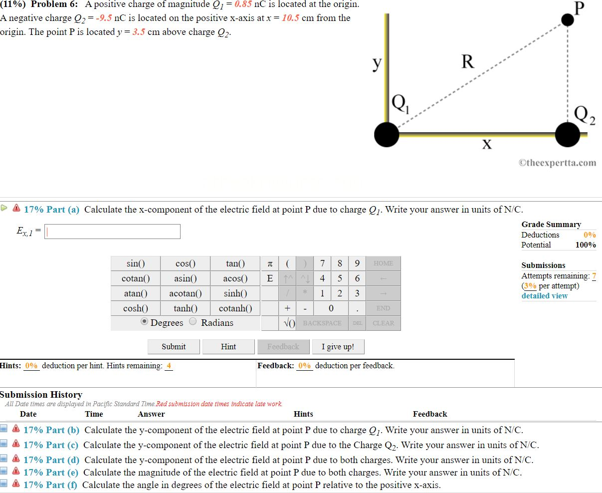 Solved (11%) Problem 6: A positive charge of magnitude Q1 = | Chegg.com