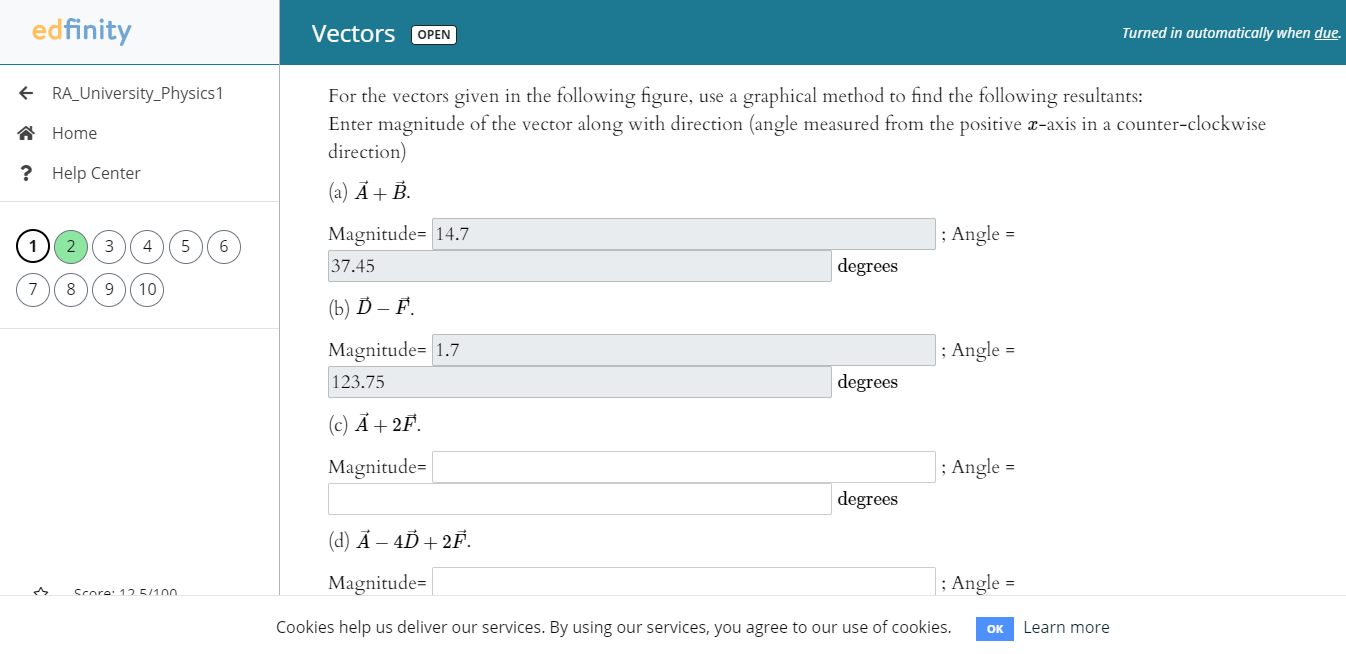 Solved edfinity Vectors OPEN Turned in automatically when | Chegg.com