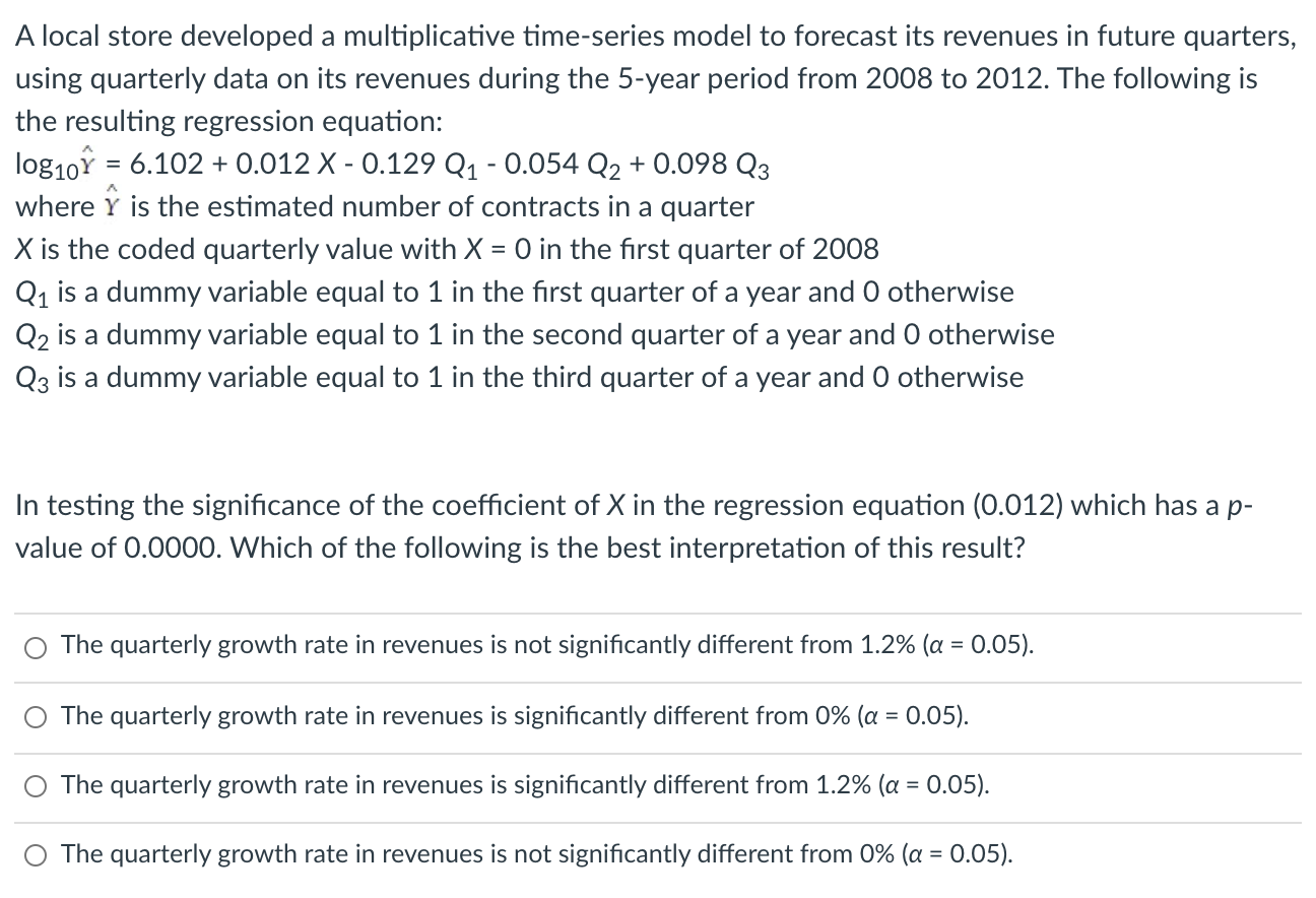 Solved A local store developed a multiplicative time-series | Chegg.com