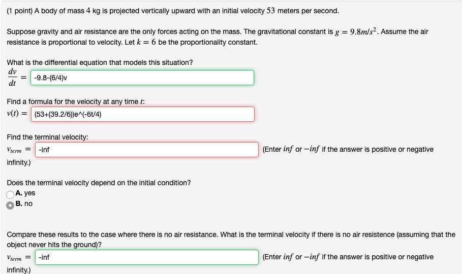 Solved (1 point) A body of mass 4 kg is projected vertically | Chegg.com
