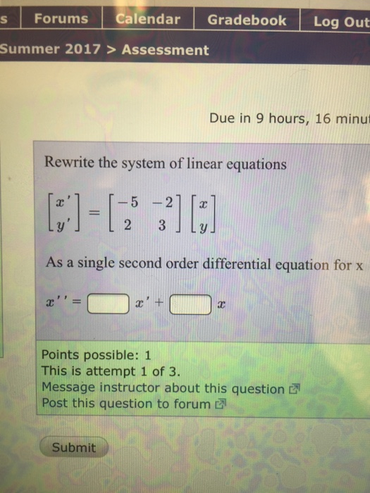 Solved Rewrite the system of linear equations [x' y'] = [-5 | Chegg.com