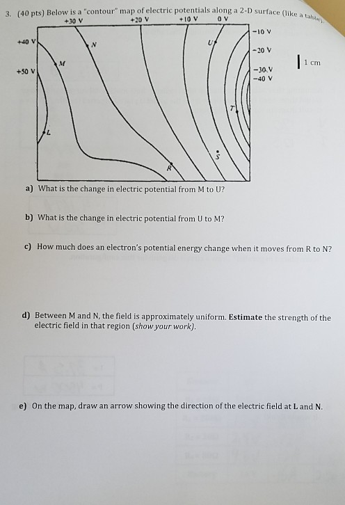 Solved 3. (40 pts) Below is a "contour" map of electric | Chegg.com