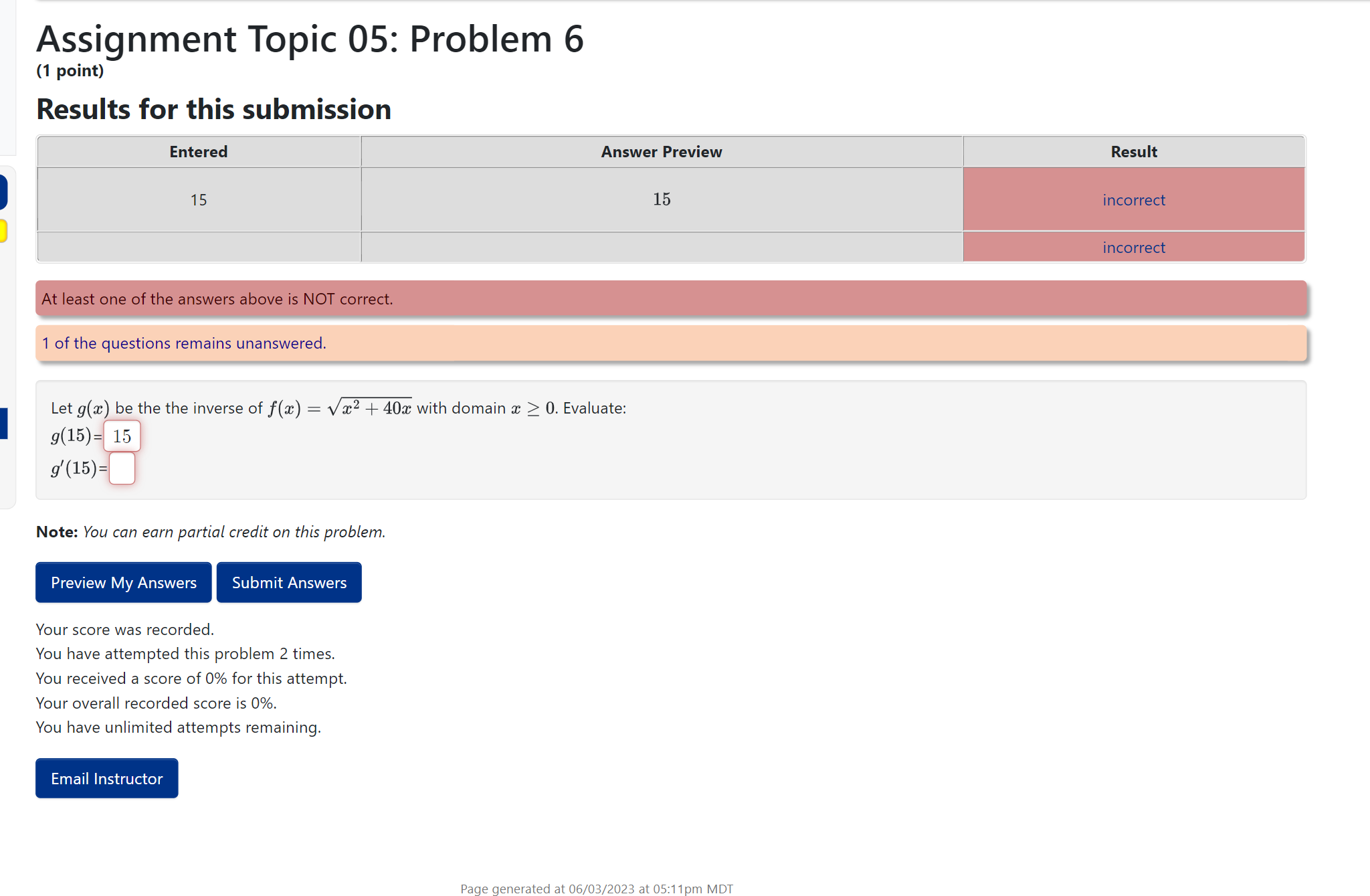 Solved Assignment Topic 05: Problem 6 (1 point) Results for | Chegg.com