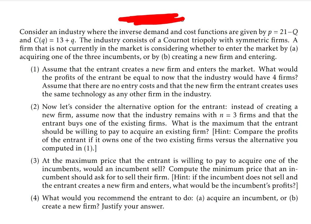 Solved Consider an industry where the inverse demand and | Chegg.com