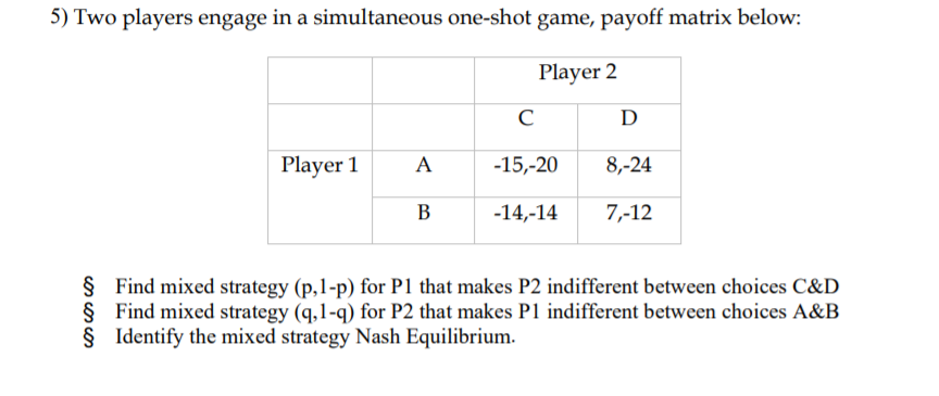 Solved 5) Two players engage in a simultaneous one-shot | Chegg.com