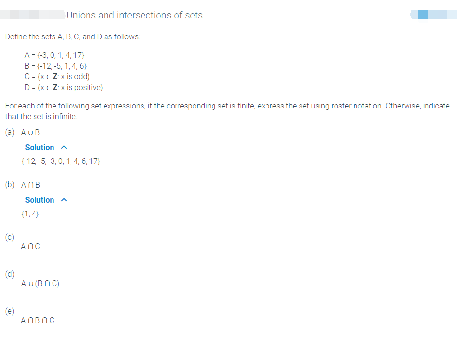 Solved Unions and intersections of sets. Define the sets A, | Chegg.com