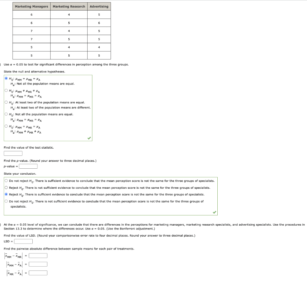 Solved Use α=0.05 to test for significant differences in | Chegg.com