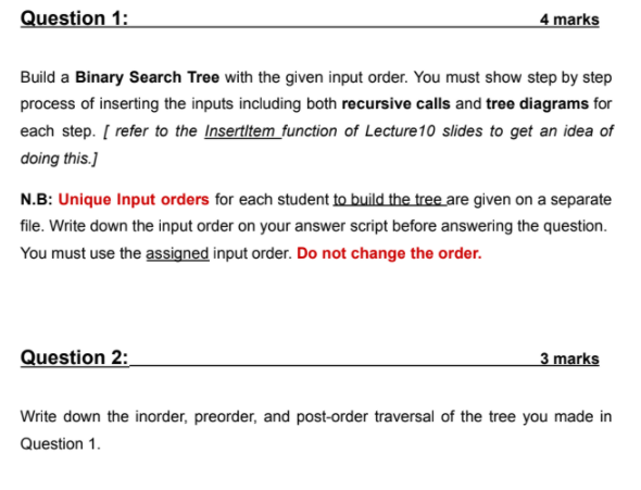 Solved Question 1: 4 marks Build a Binary Search Tree with | Chegg.com