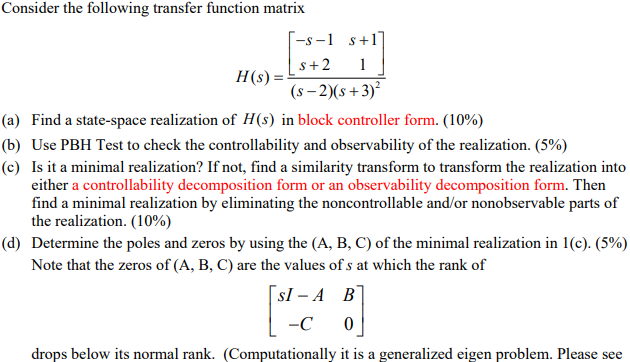 Consider the following transfer function matrix | Chegg.com