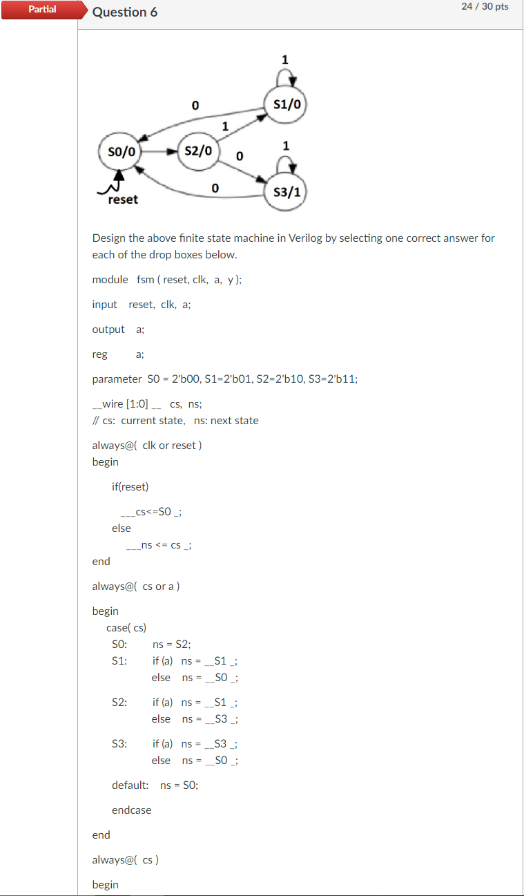 Solved Question 6 30 pts 1 0 S1/0 SO/0 S2/0 0 0 S3/1 reset | Chegg.com