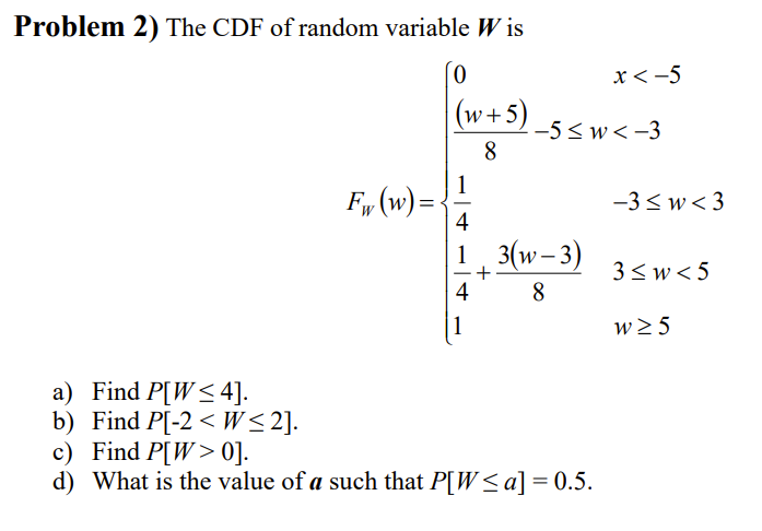 Solved Problem 2) The CDF of random variable W is | Chegg.com