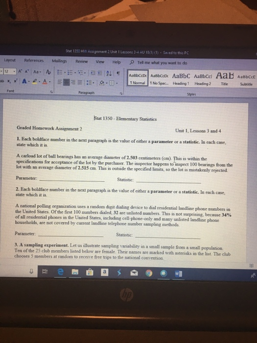 Solved Stat 1350 HN Assignment 2 Unit I Lessons 3-4 AU | Chegg.com