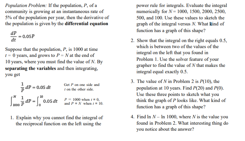 Solved Population Problem: If the population, P, of a | Chegg.com