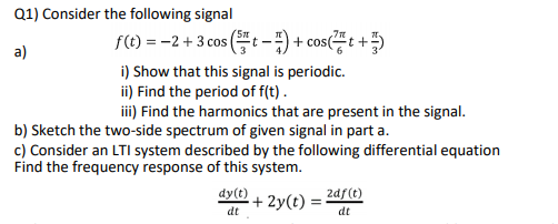 Solved Q1) Consider the following signal 5T 7TE 2+ 3 cost + | Chegg.com