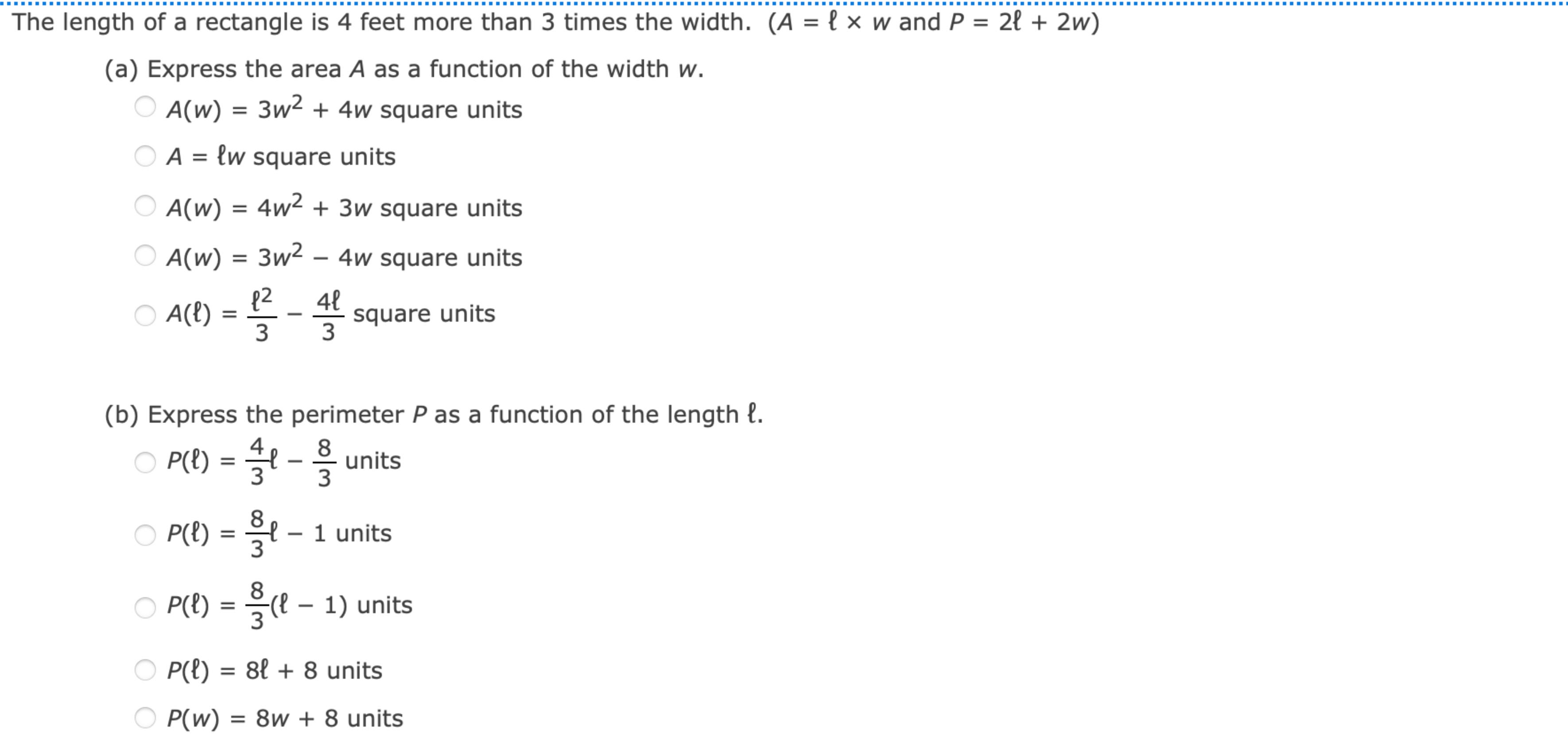 Solved The length of a rectangle is 4 ﻿feet more than 3 | Chegg.com