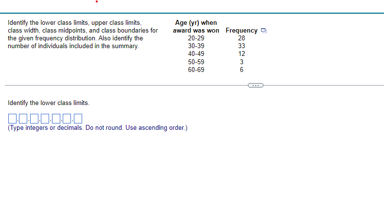 Solved Identify the lower class limits, ﻿upper class | Chegg.com