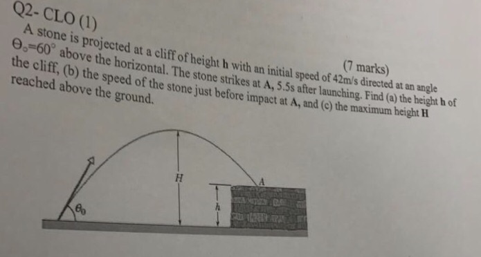 Solved Q2-CLO () (7 marks) A stone is projected at a cliff | Chegg.com