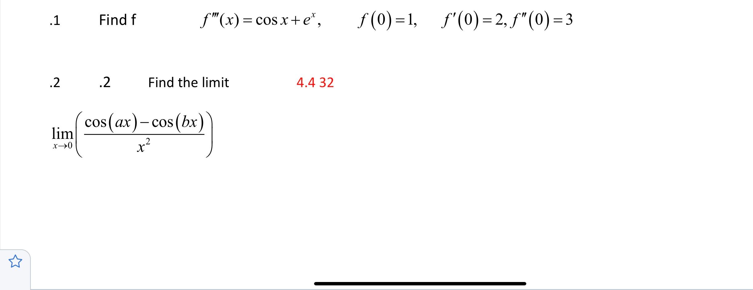 Solved .1 Find ff′′′(x)=cosx+ex,f(0)=1,f′(0)=2,f′′(0)=3 | Chegg.com