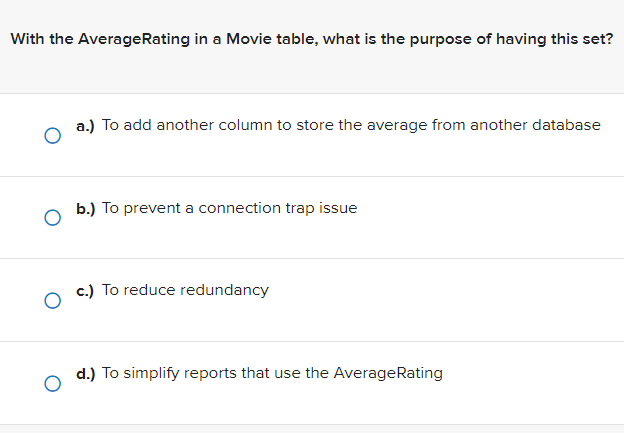 Solved With the AverageRating in a Movie table, what is the | Chegg.com