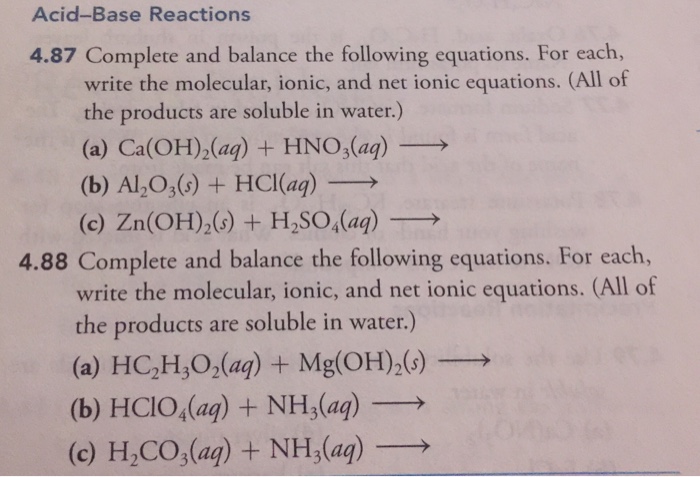 Solved Acid-Base Reactions 4.87 Complete and balance the | Chegg.com