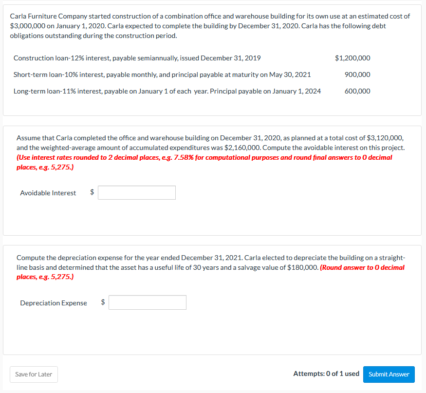 Solved Carla Furniture Company started construction of a | Chegg.com
