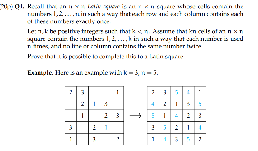(20p) Q1. Recall that an n x n Latin square is an n x | Chegg.com