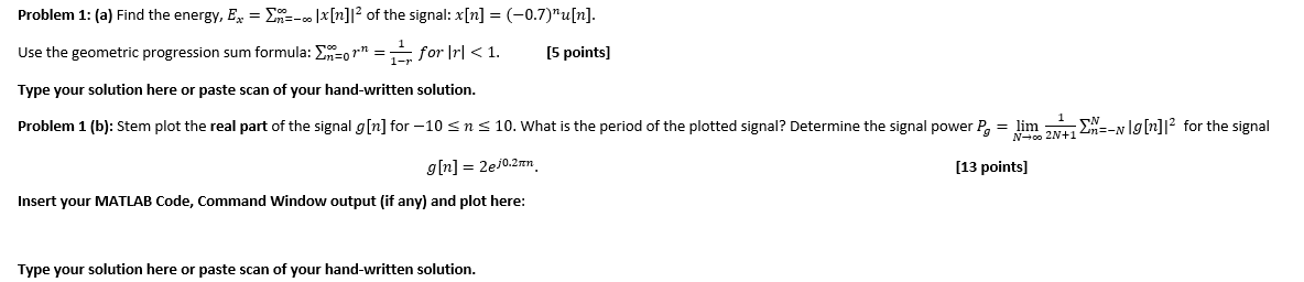 Solved Problem 1: (a) Find the energy, Ex = 2n=-- |*[n]2 of | Chegg.com