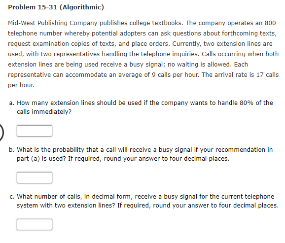 Solved Problem 15-31 (Algorithmic) Mid-West Publishing | Chegg.com
