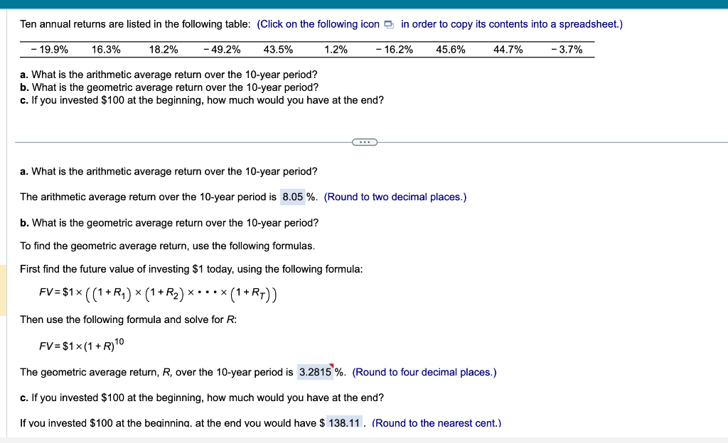 Solved a. What is the arithmetic average return over the 10 | Chegg.com