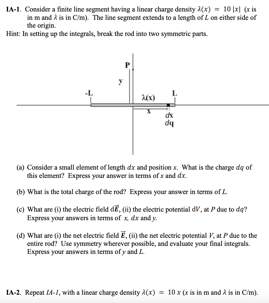 Solved IA-1. Consider a finite line segment having a linear | Chegg.com