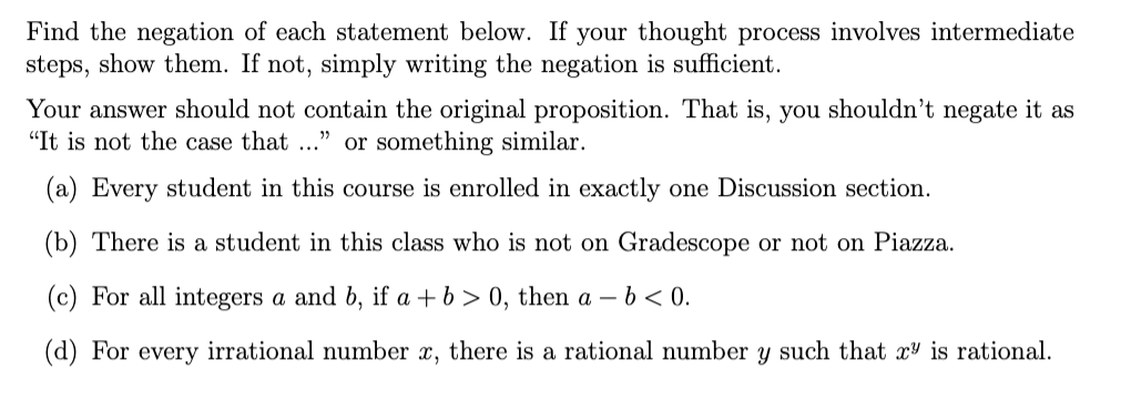 Solved Find the negation of each statement below. Find the | Chegg.com